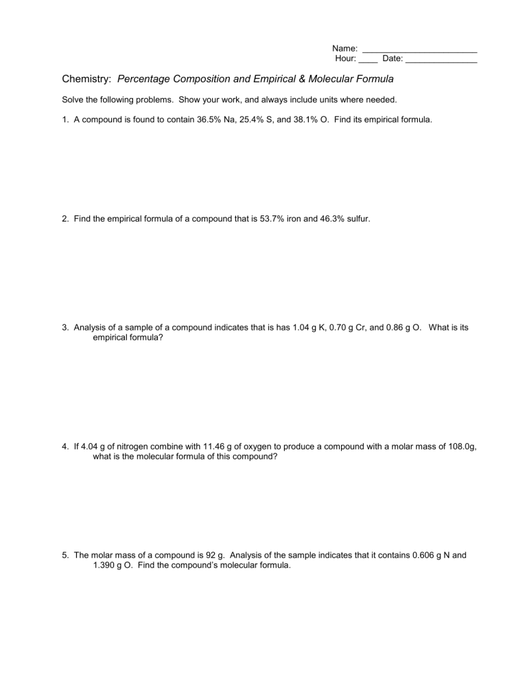 Chemistry: Percentage Composition, Empirical & Molecular Formula Problems