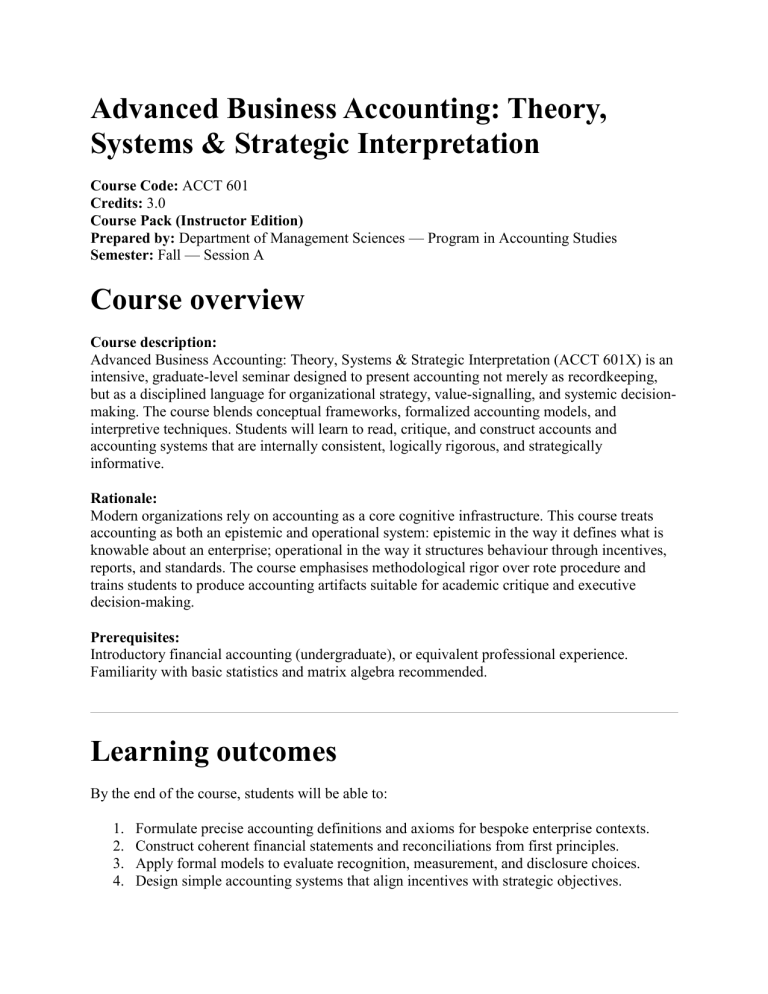 Advanced Business Accounting: Theory, Systems & Strategy