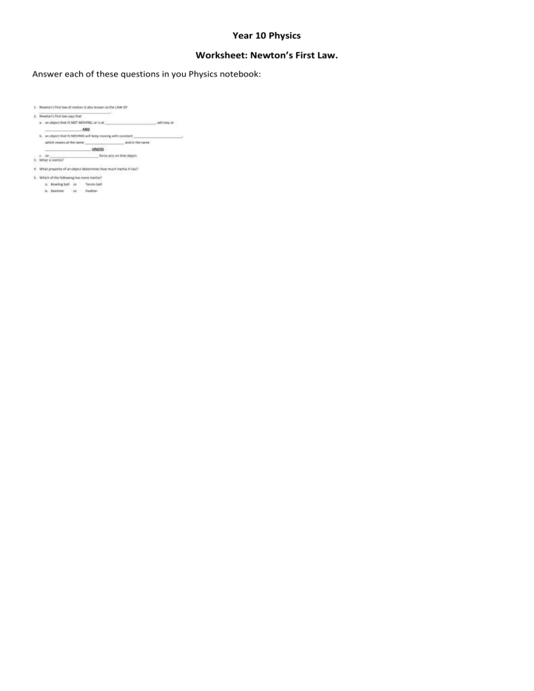 Year 10 Physics Worksheet: Newton's First Law of Motion Questions