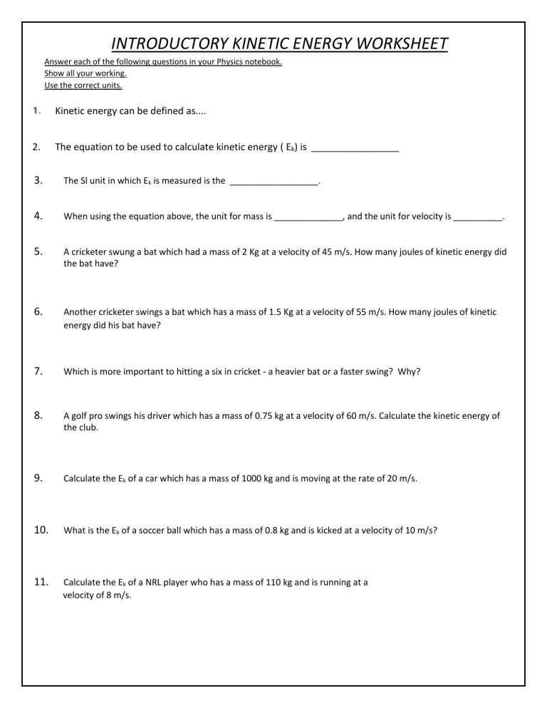 Kinetic Energy Worksheet: Physics Problems & Calculations