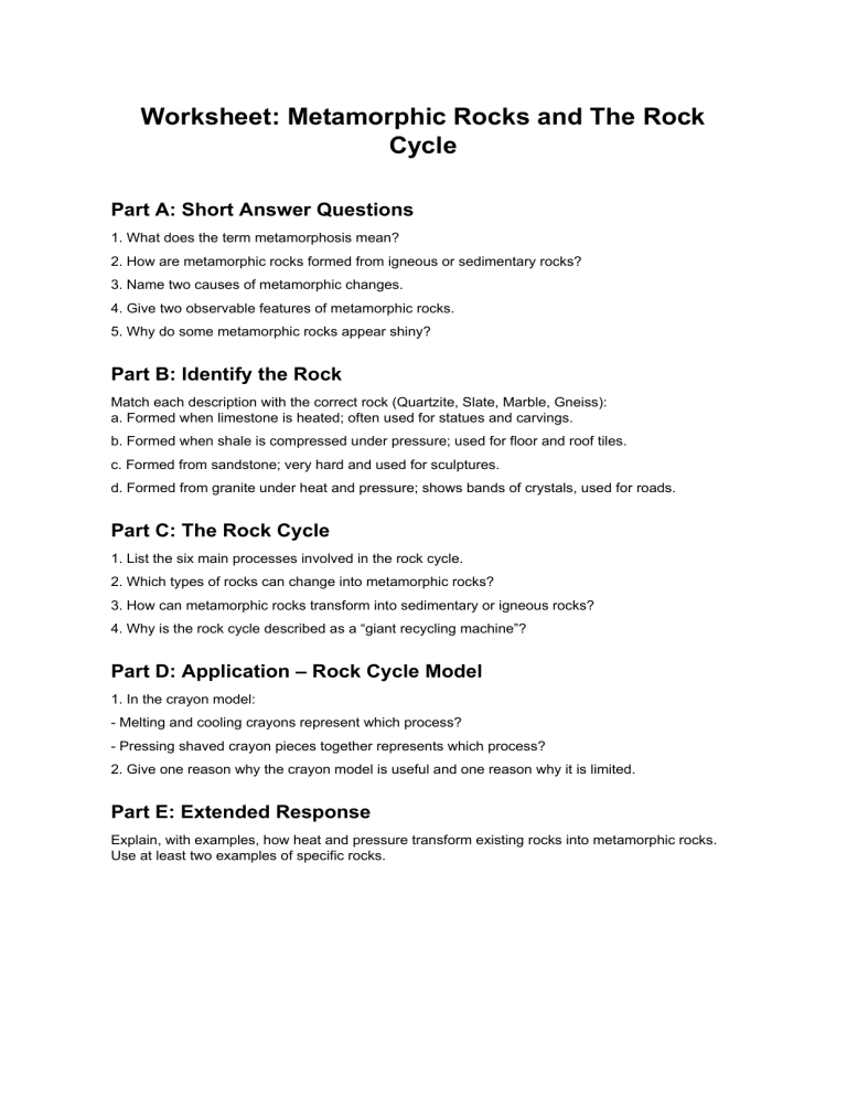 Metamorphic Rocks & Rock Cycle Worksheet with Answer Key