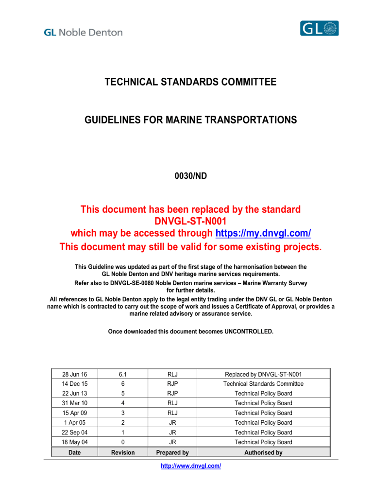 Guidelines for Marine Transportations - DNVGL-ST-N001 (Replaced)