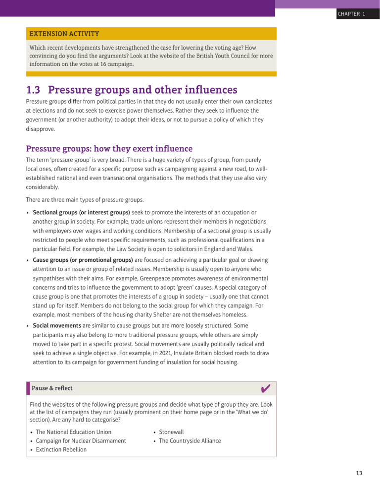 UK Politics: Pressure Groups, Influence, & Methods (Chapter 1)