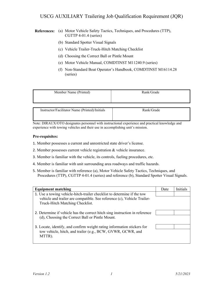 USCG Auxiliary Trailering Job Qualification Requirements