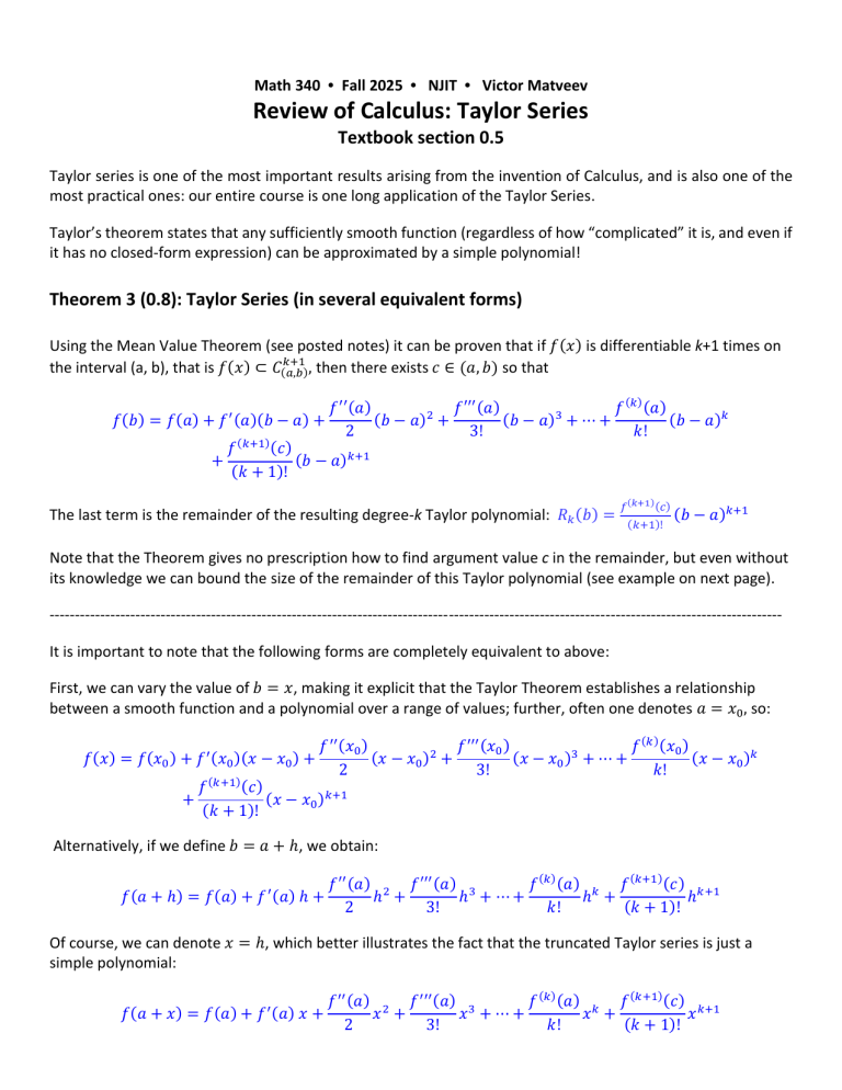 Math 340 NJIT: Review of Calculus - Taylor Series & Applications