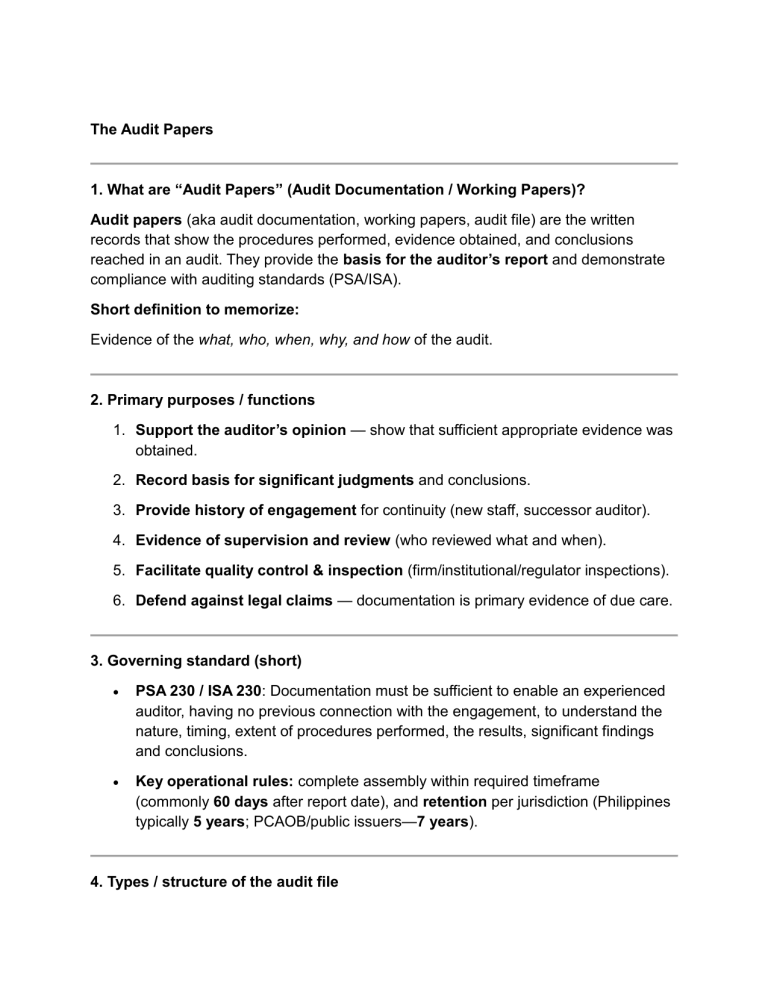 Audit Papers: Documentation, Standards, and Procedures