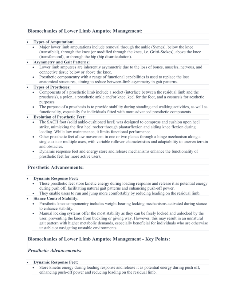 Biomechanics of Lower Limb Amputee Management & Prosthetics Guide