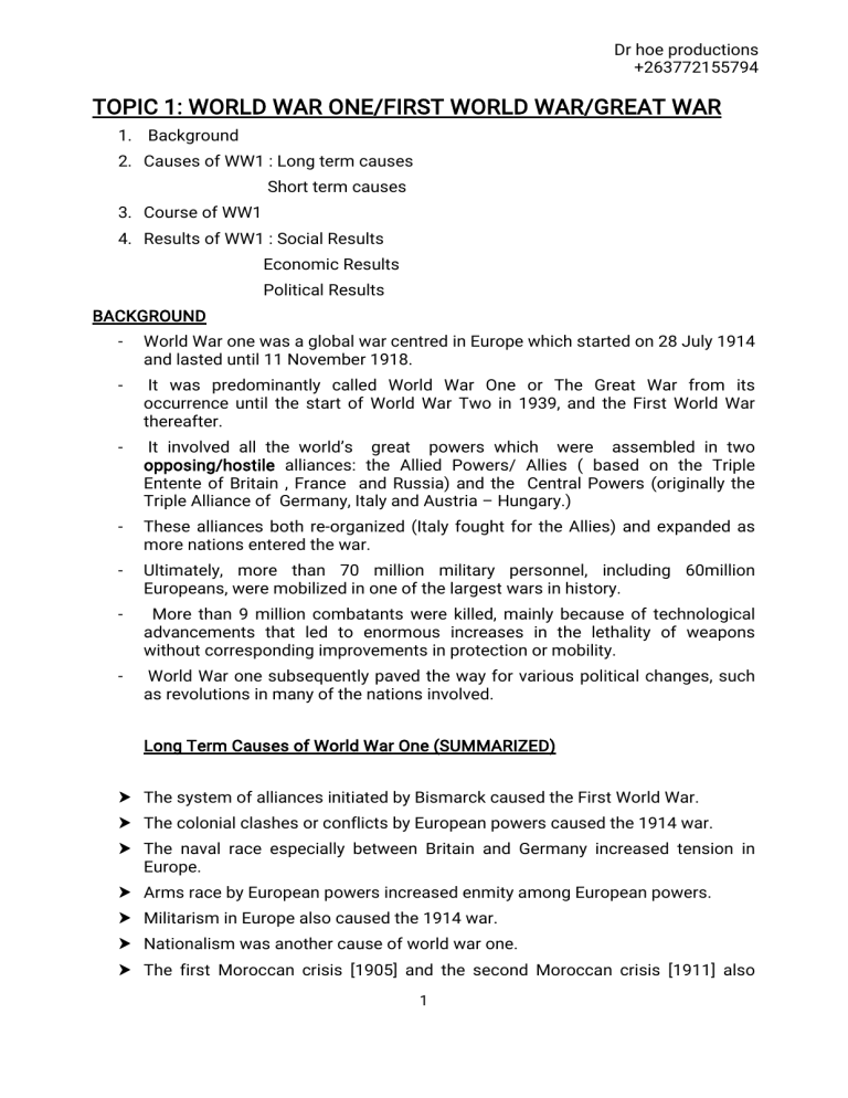 World War One: Causes, Course, & Results - History Study Guide