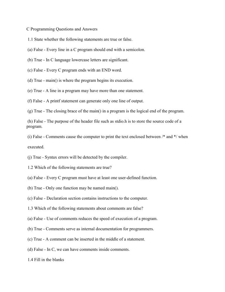 C Programming Questions and Answers
