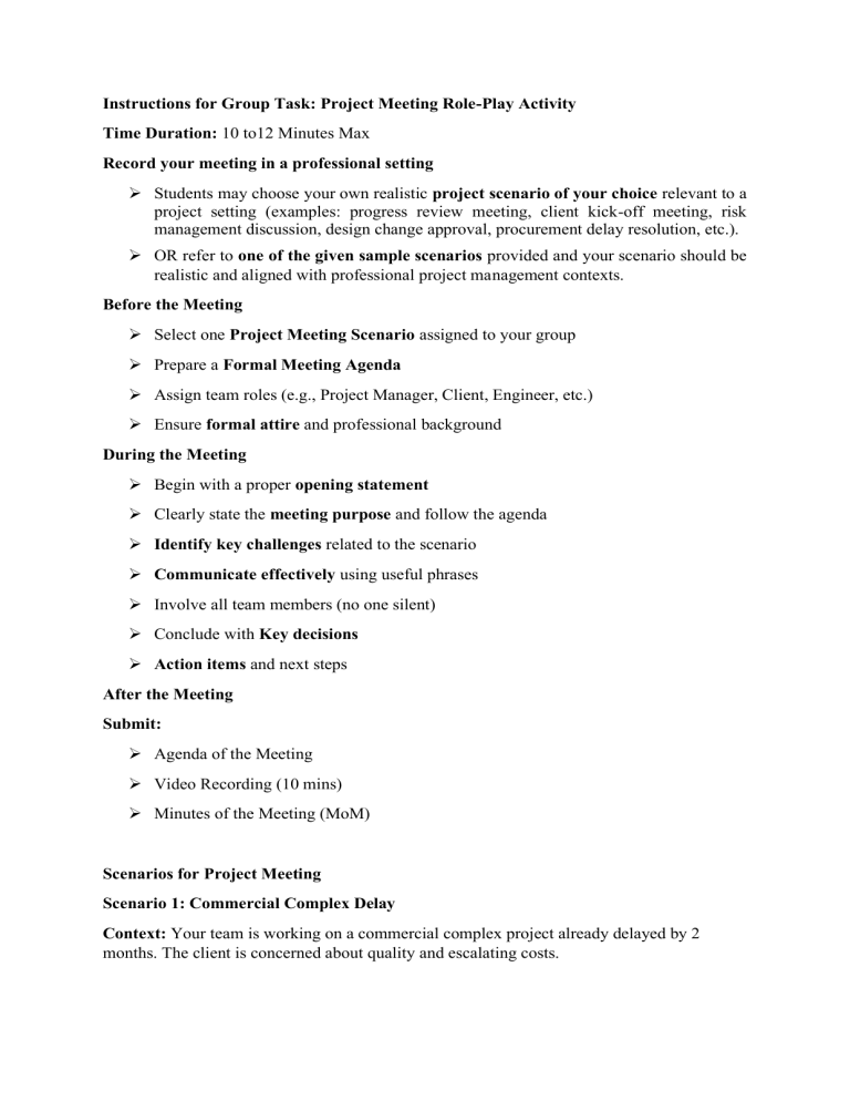 Project Meeting Role-Play Activity: Group Task Instructions & Scenarios