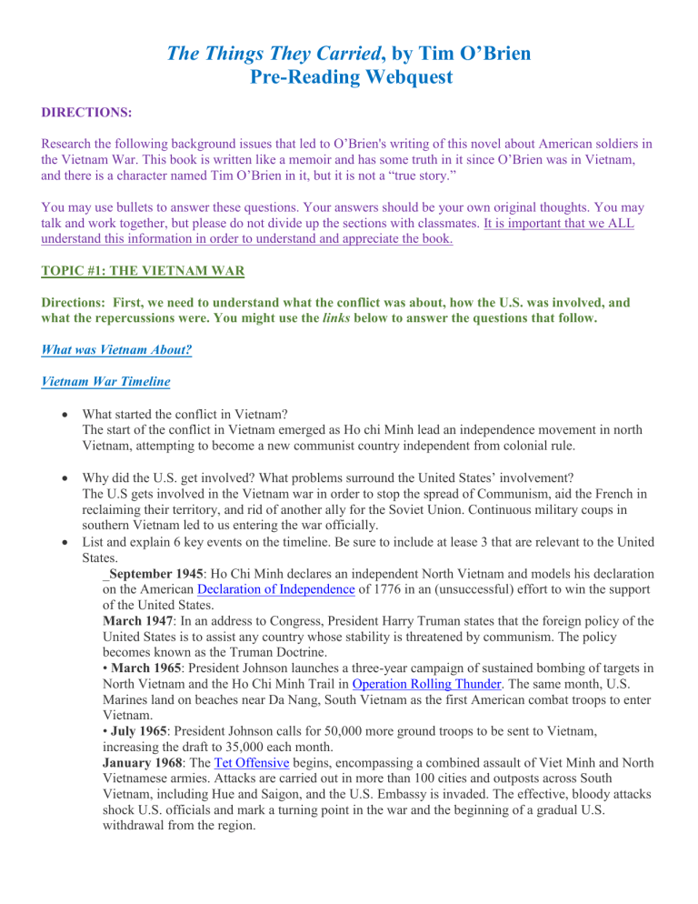 The Things They Carried Webquest: Vietnam War Background