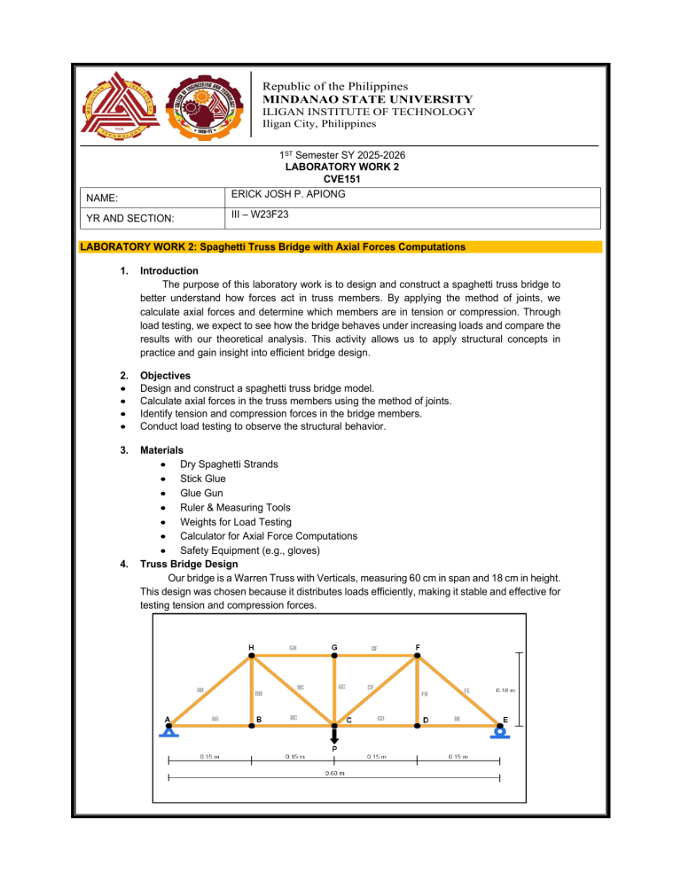 Spaghetti Truss Bridge: Axial Force Lab Report
