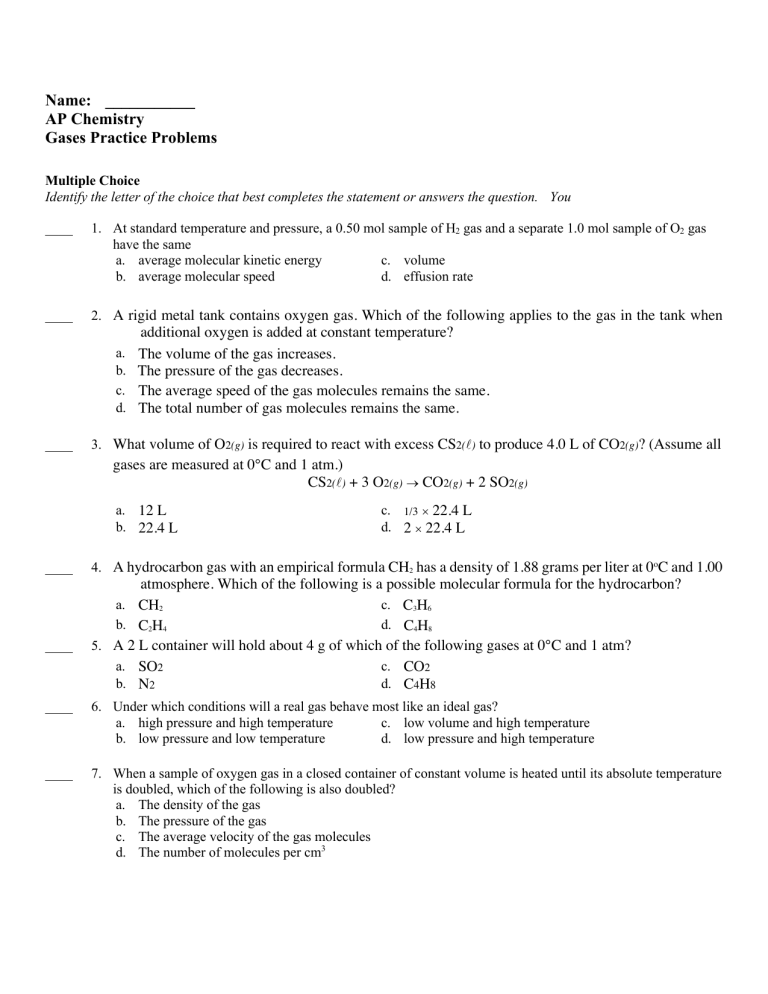 AP Chemistry: Gases Practice Problems