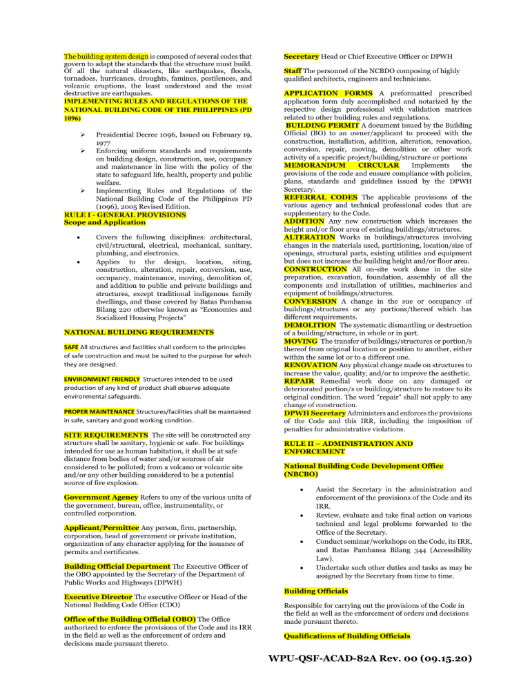 Philippine National Building Code (PD 1096) IRR: Design & Construction