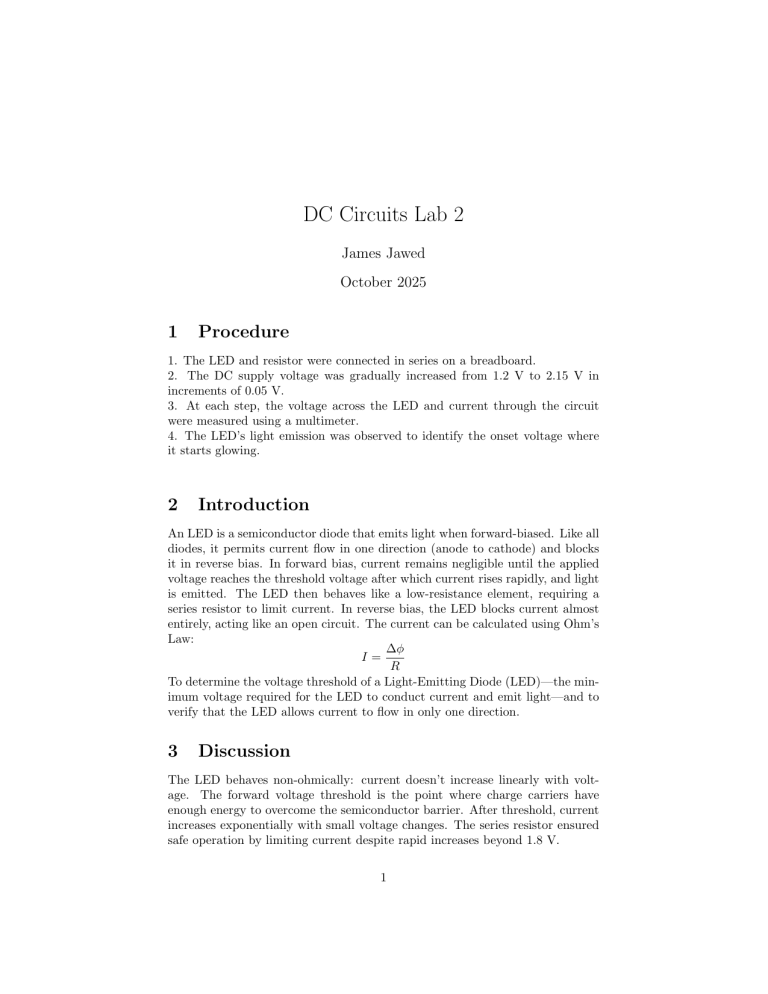 DC Circuits Lab 2: LED Threshold Voltage & Ohm's Law Experiment