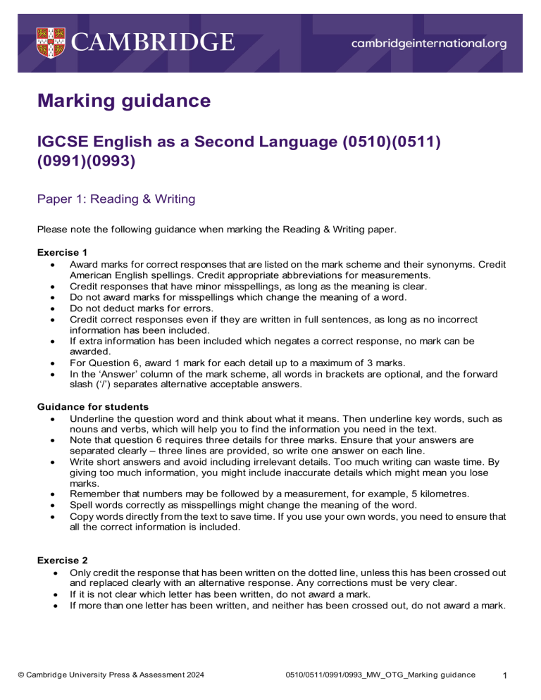IGCSE English as a Second Language Marking Guidance (0510/0511/0991/0993)