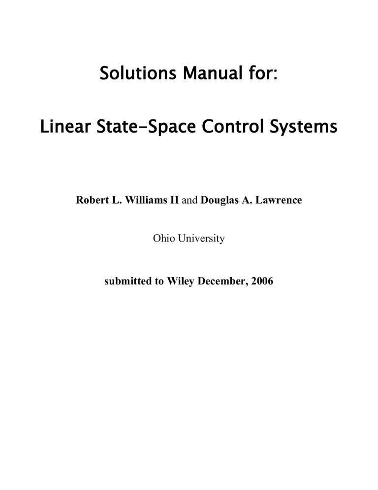 Solutions Manual: Linear State-Space Control Systems - Williams & Lawrence