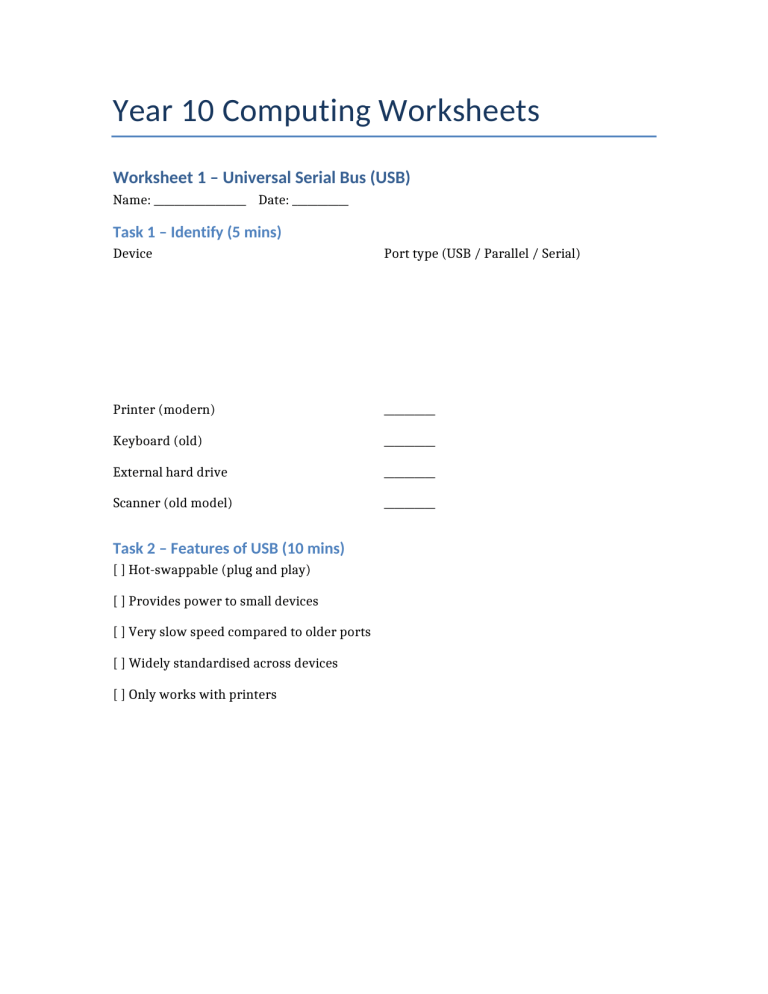 Year 10 Computing Worksheets: USB & Error Detection Exercises
