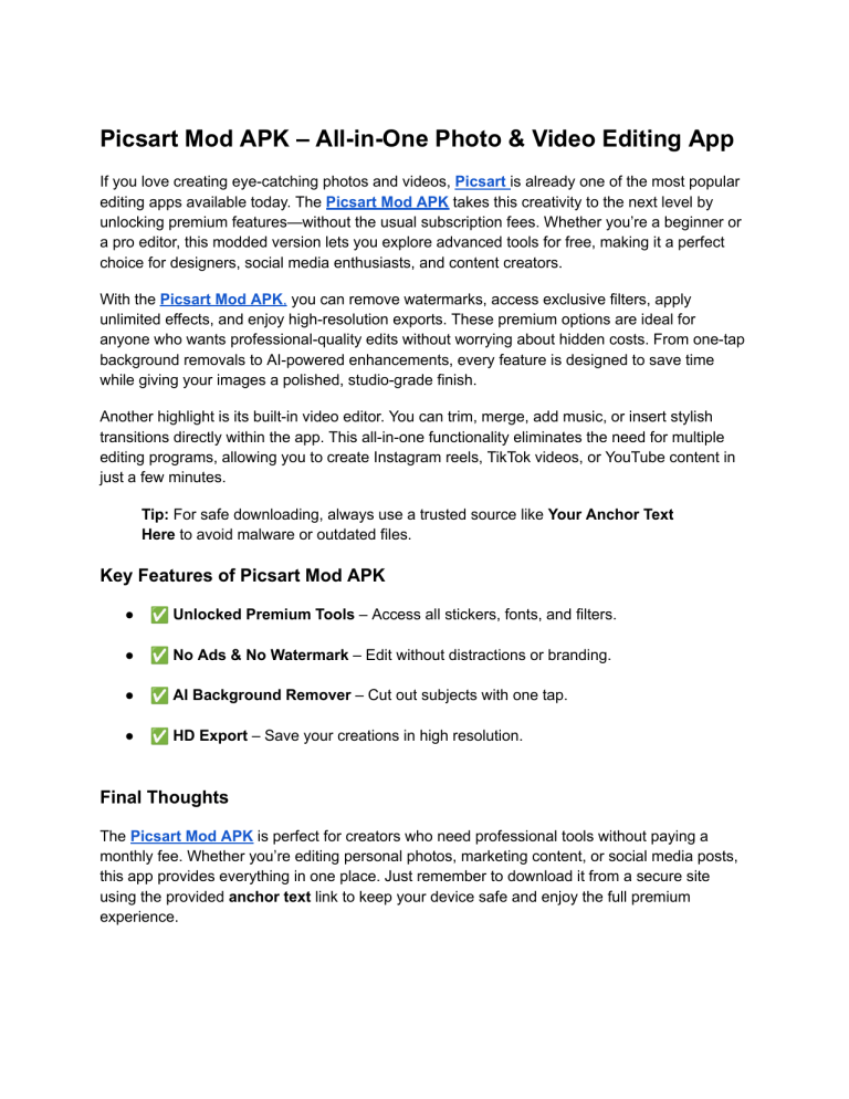 Picsart Mod APK – All-in-One Photo & Video Editing App