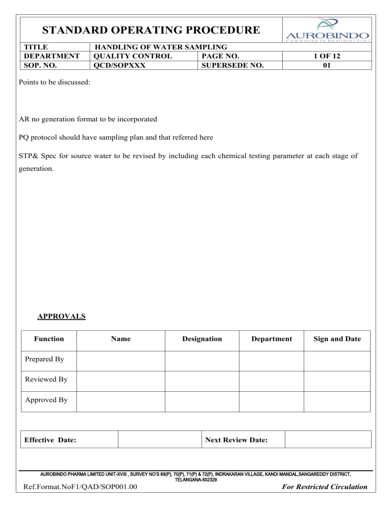 Water Sampling SOP - Quality Control in Pharma