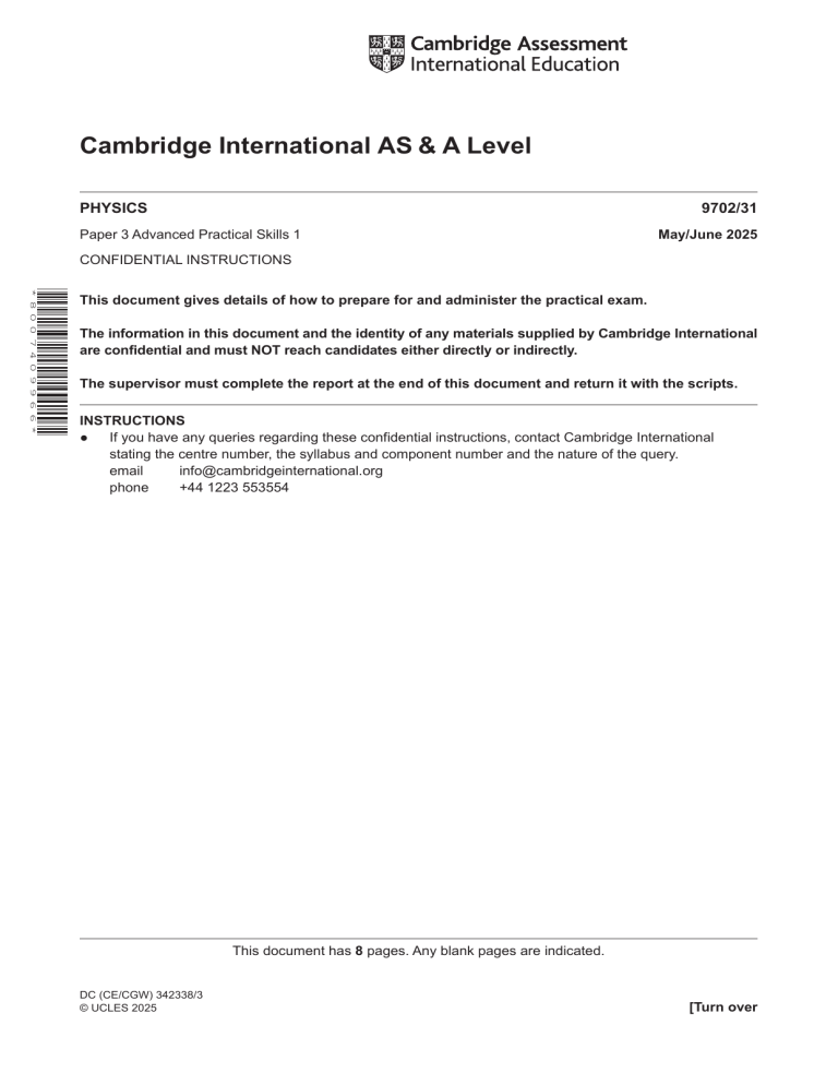 Cambridge AS & A Level Physics 9702/31 Practical Exam Instructions