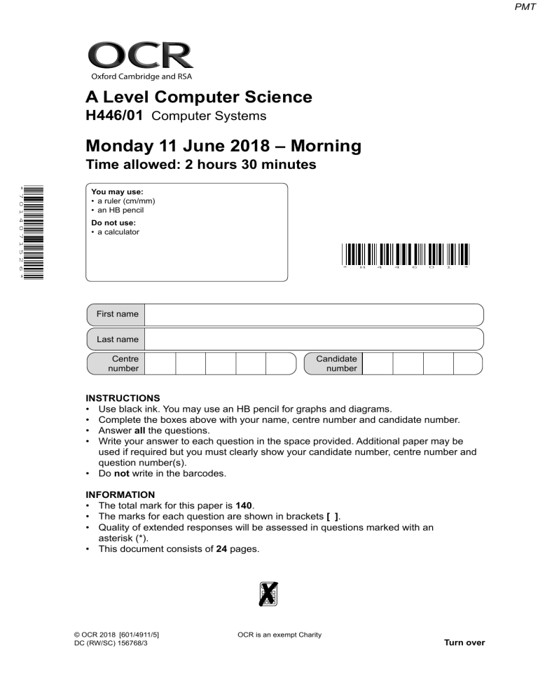 OCR A Level Computer Science H446/01 Computer Systems Exam Paper 2018