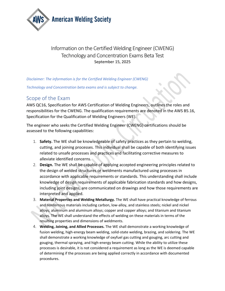 Certified Welding Engineer (CWENG) Exam Info | AWS Beta Test 2025