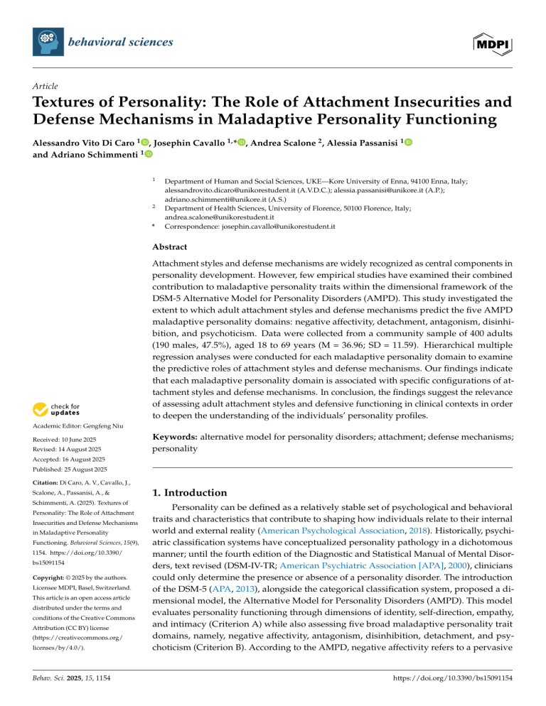 Attachment & Defense Mechanisms in Maladaptive Personality Functioning