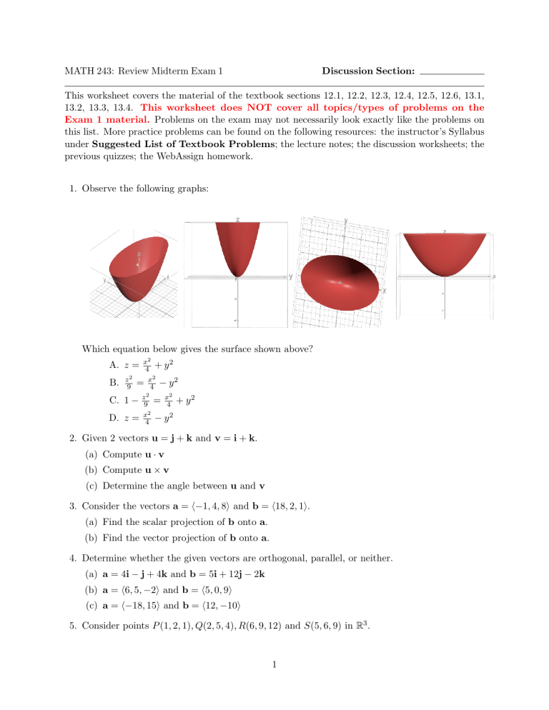 MATH 243 Midterm Exam 1 Review: Vectors, Surfaces, Lines, Planes