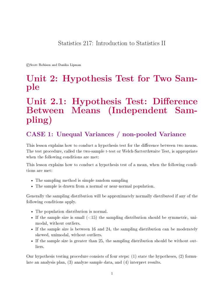 Hypothesis Test for Two Sample Means: Independent Sampling (Statistics)