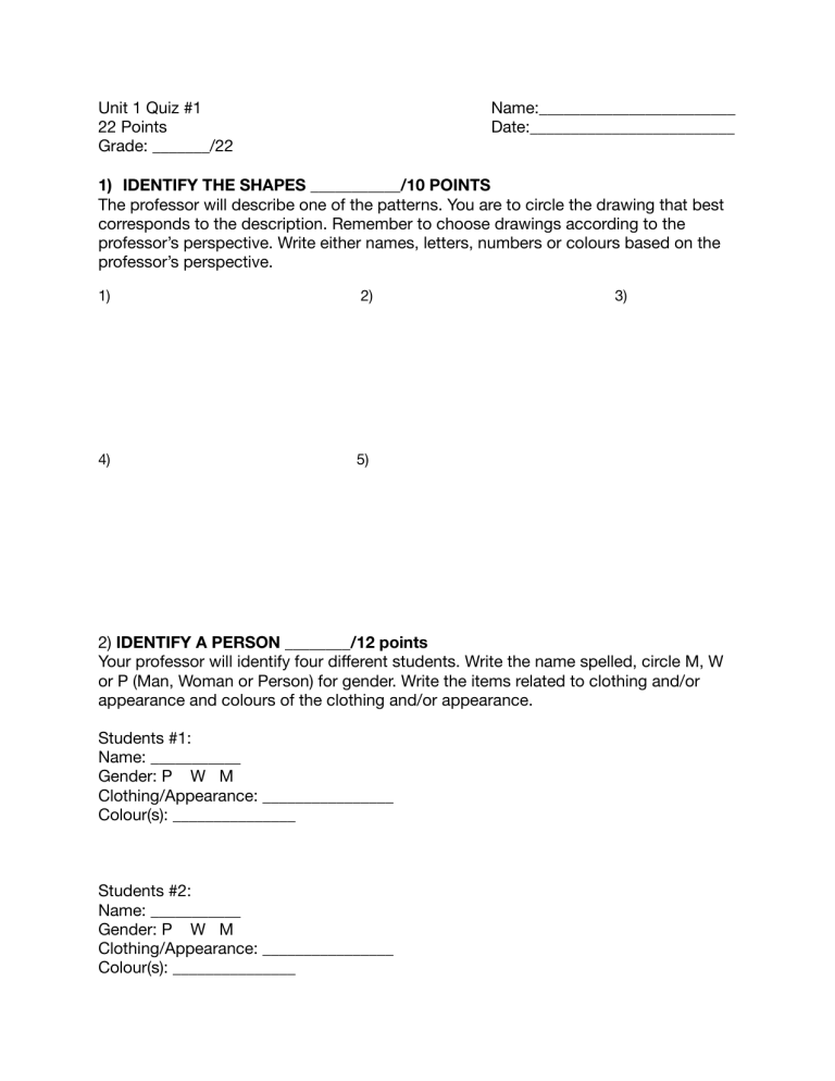 Unit 1 Quiz #1: Identify Shapes & People - Listening Comprehension