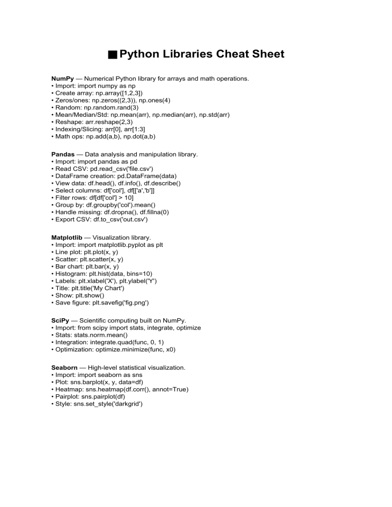 Python Libraries Cheat Sheet: NumPy, Pandas, Matplotlib, SciPy, Seaborn