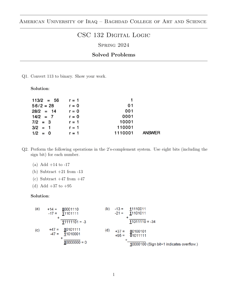 Digital Logic Solved Problems: Binary, 2's Complement, Truth Tables