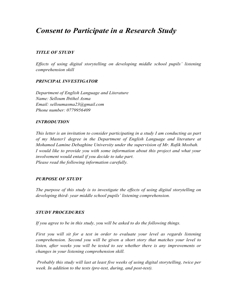 Consent Form: Digital Storytelling & Middle School Listening Comprehension