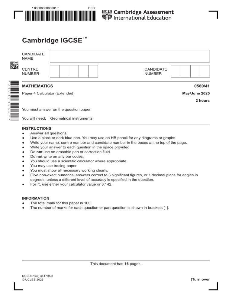 Cambridge IGCSE Mathematics 0580/41 Paper 4 Extended May/June 2025