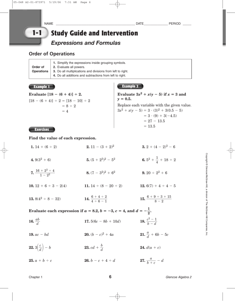 Algebra 2 Study Guide: Expressions, Formulas & Order of Operations
