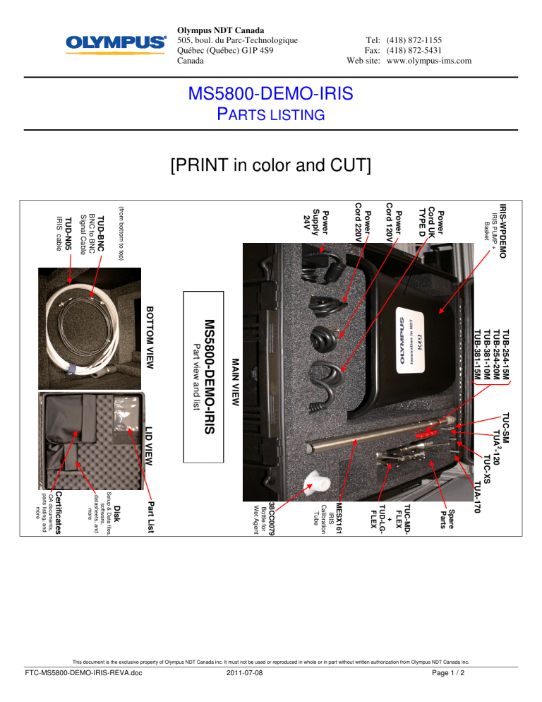 Olympus MS5800-DEMO-IRIS Kit Parts Listing & Components