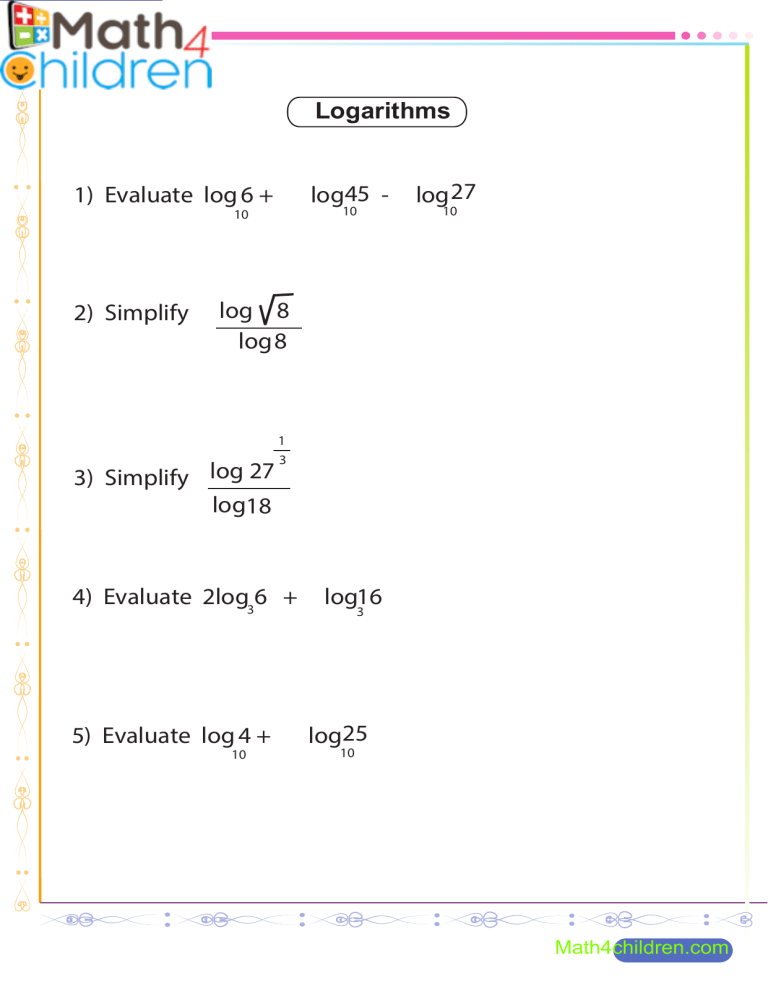 Logarithms Worksheet: Evaluate & Simplify Expressions | Math Practice
