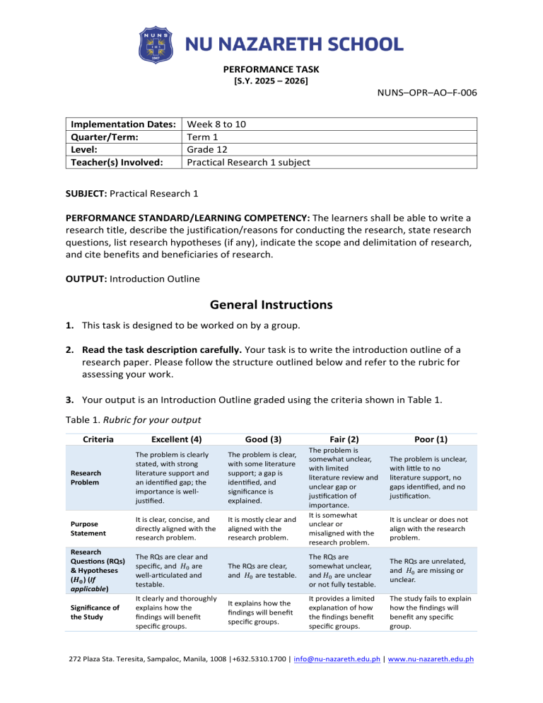 Practical Research 1: Introduction Outline Performance Task