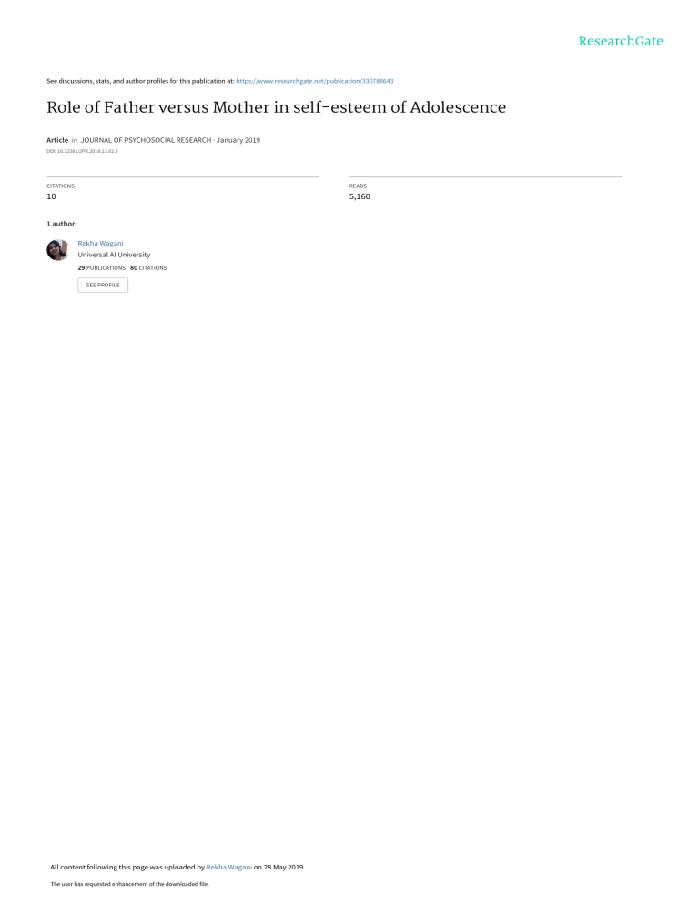 Father vs. Mother Role in Adolescent Self-Esteem