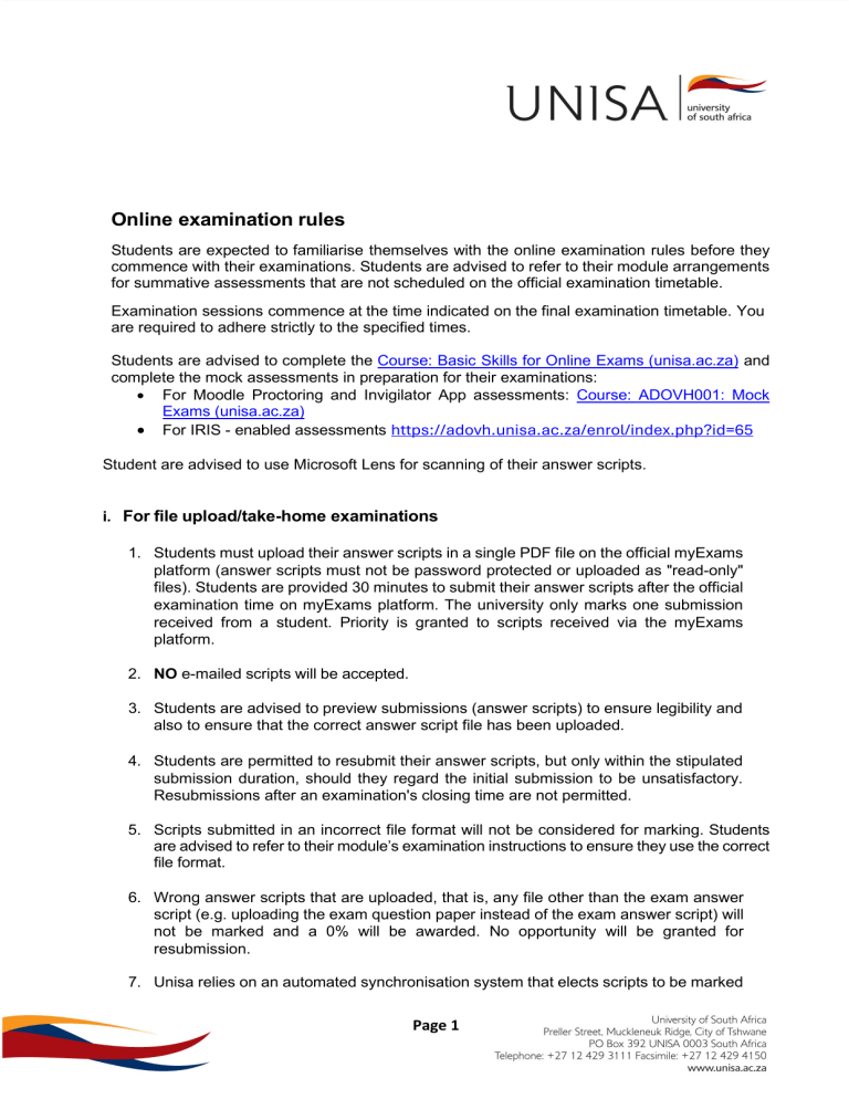 UNISA Online Examination Rules