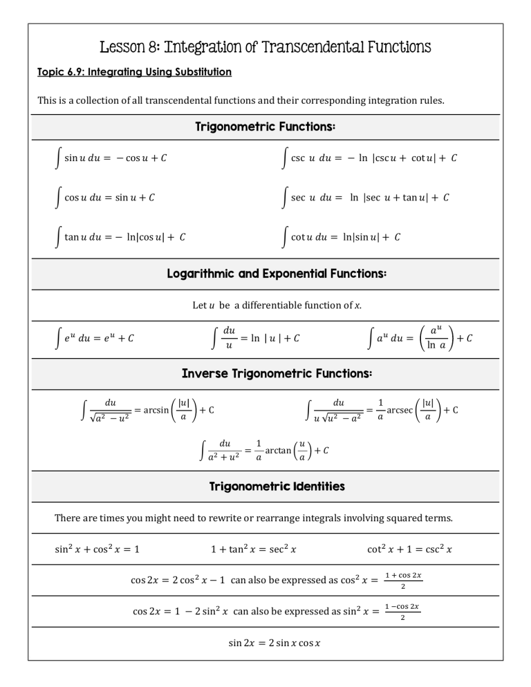 Transcendental Function Integration: Substitution