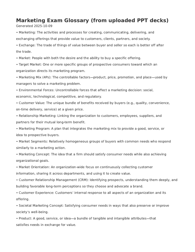 Marketing Exam Glossary: Key Terms & Definitions