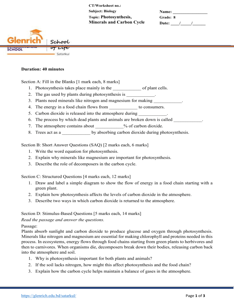 Grade 8 Biology Worksheet: Photosynthesis, Minerals, Carbon Cycle