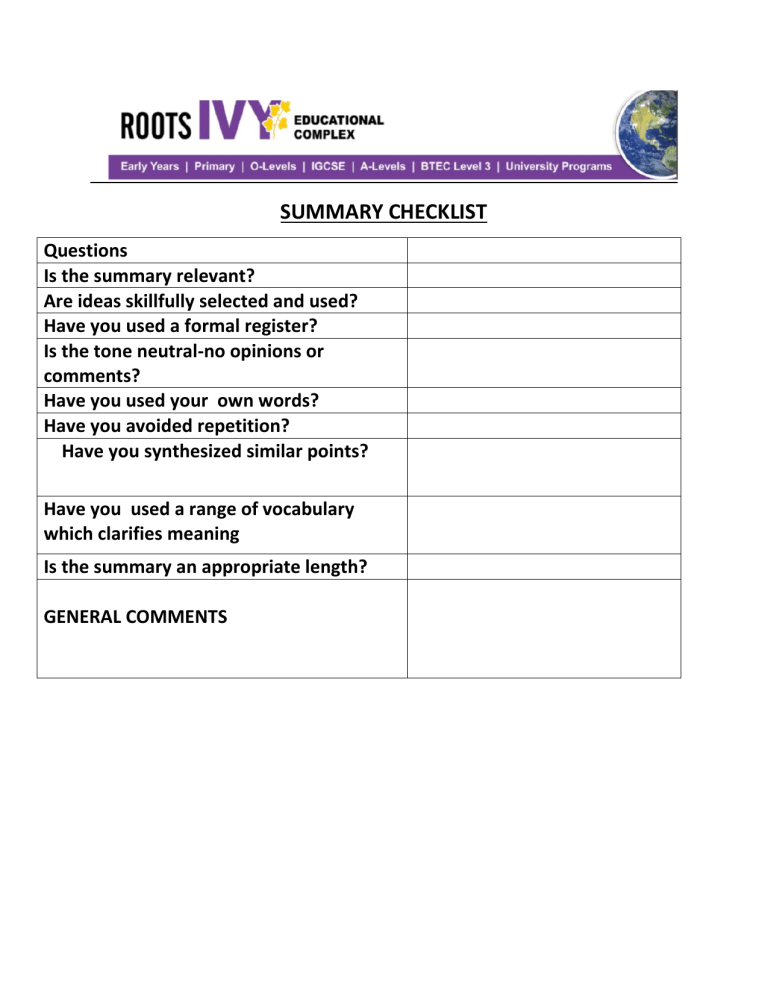 Summary Checklist for Academic Writing & Evaluation | Roots Ivy