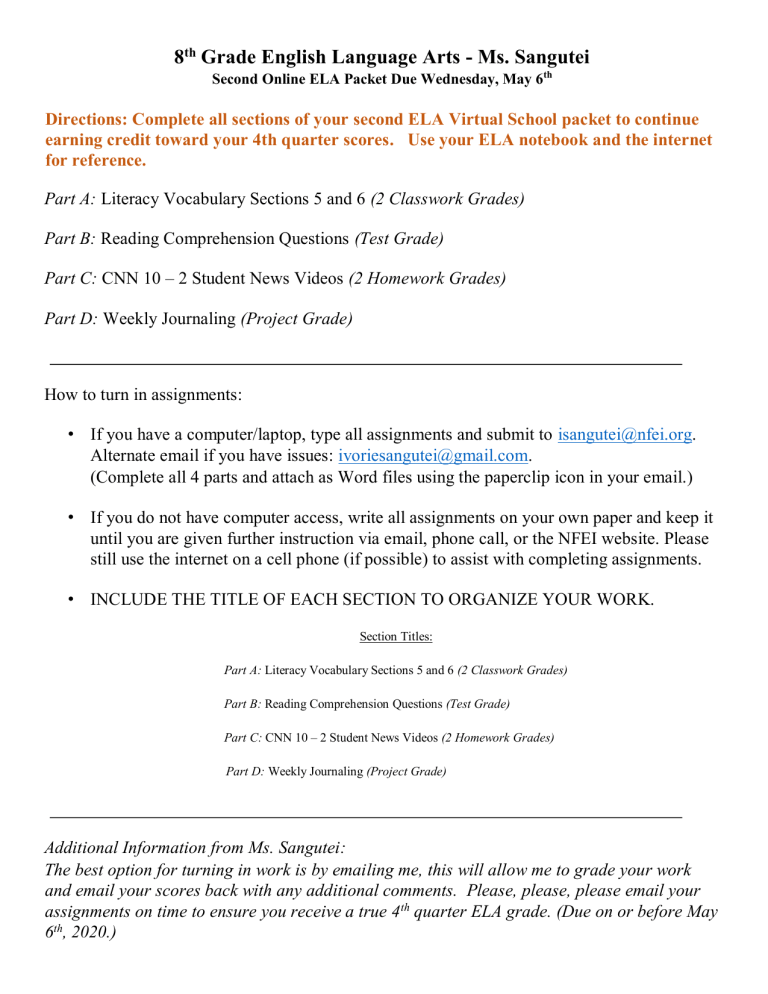 8th Grade ELA Online Packet: Vocabulary, Reading, News, Journaling