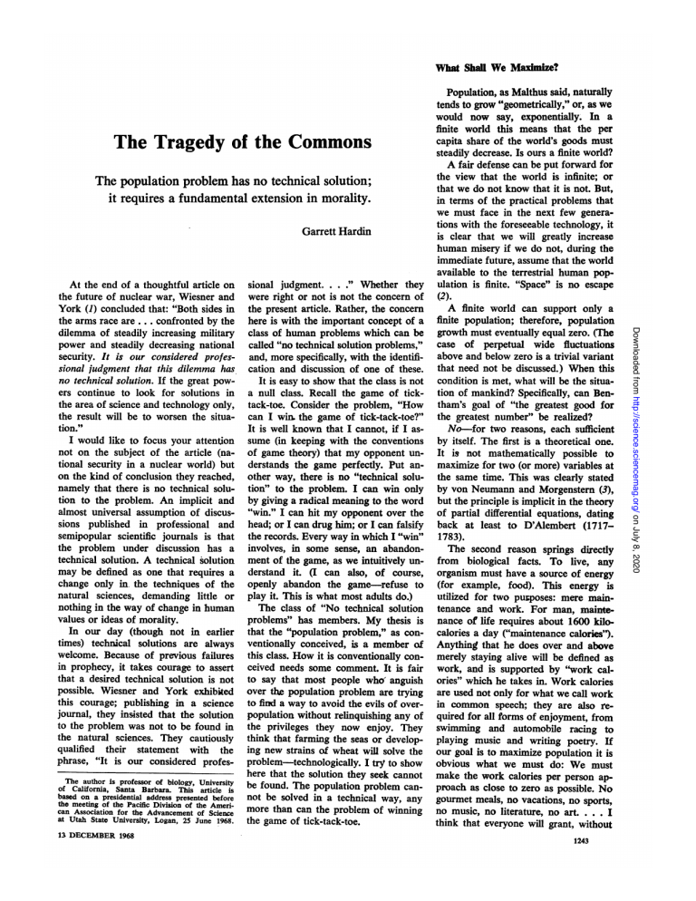 The Tragedy of the Commons: Population, Morality & Finite Resources