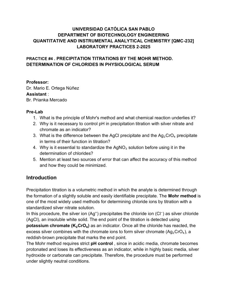 Mohr Method Precipitation Titration: Chloride Determination in Serum