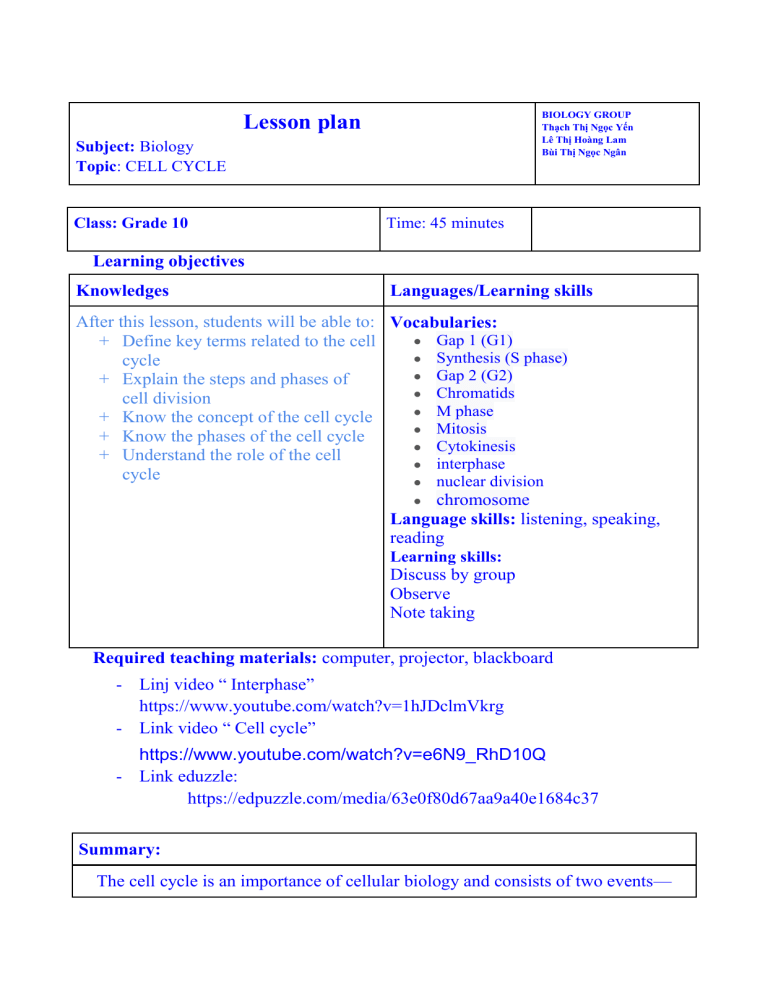 Biology Lesson Plan: Cell Cycle for Grade 10 - Phases & Mitosis