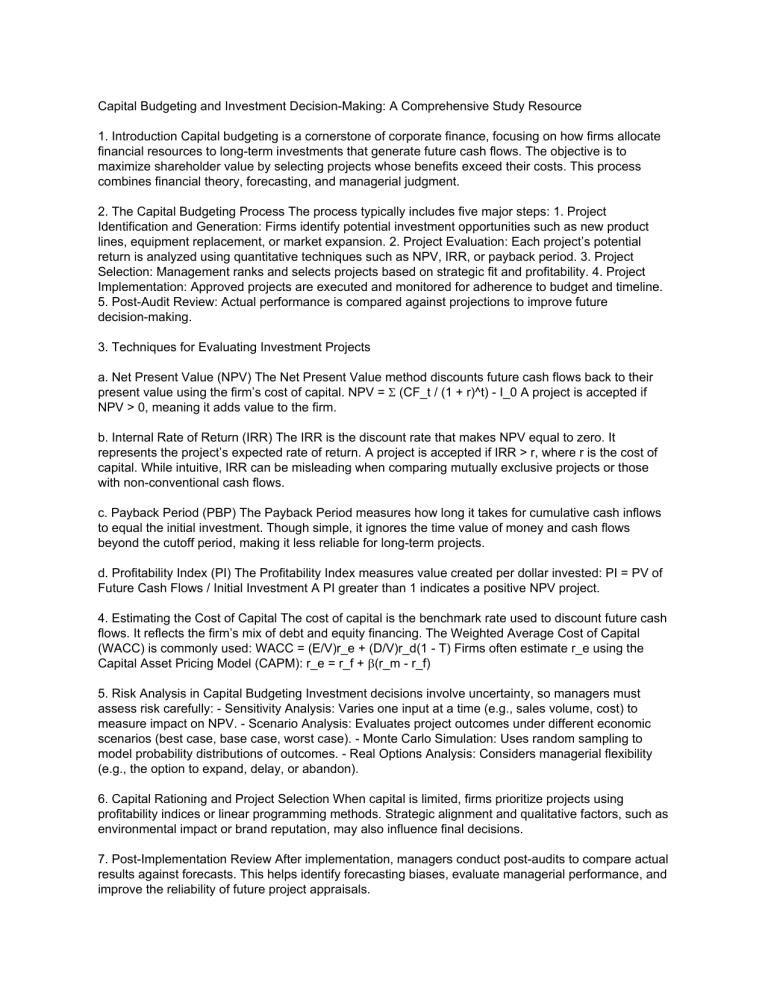 Capital Budgeting & Investment Decision-Making Study Resource